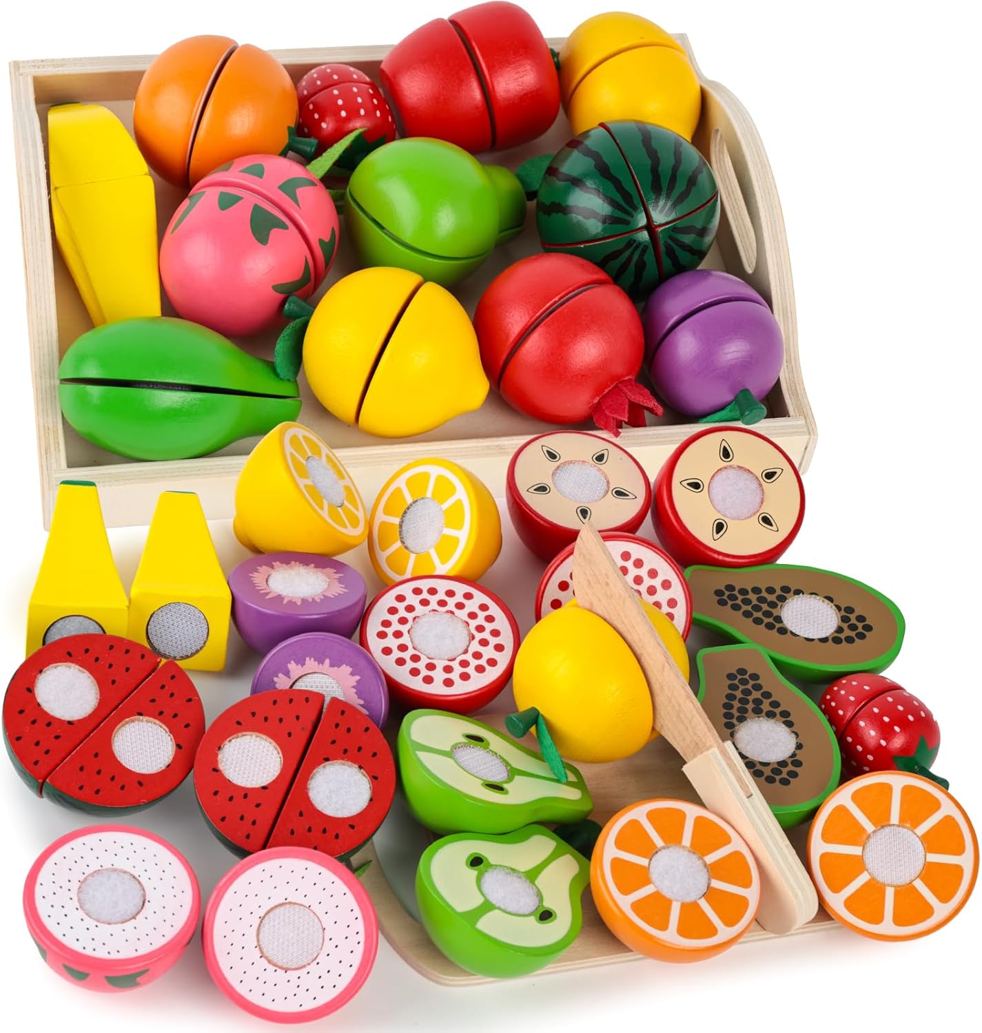 MCPINKY Wooden Play Food Set for Kids Kitchen, Montessori Toys Pretend ...