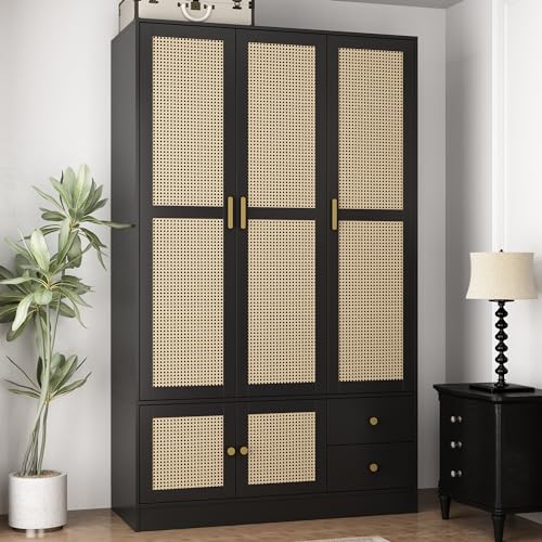 Hitow Rattan Large Wardrobe Closet with 2 Drawers and Doors, Hobo ...
