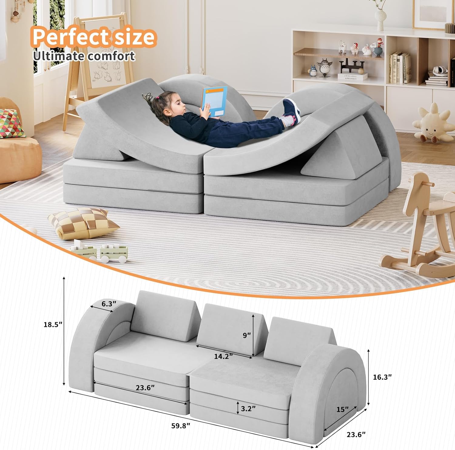 linor 13 PCS Large Kids Couch with 2 Tunnels, Toddler Couch That Can ...