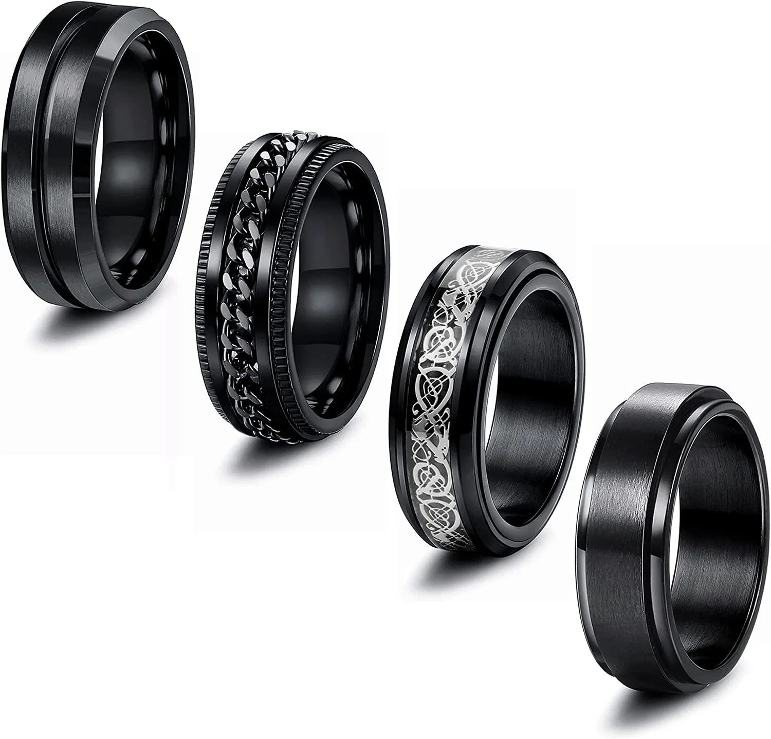 4Pcs Black Spinner Fidget Rings for Men Women Stainless 8MM Wide Cool ...